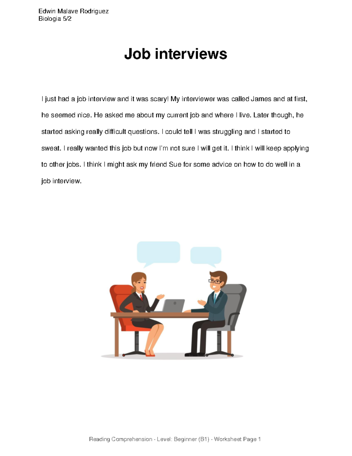 Reading activity Job Interview - Reading Comprehension - Level: Beginner (B1) - Worksheet Page 1 ...