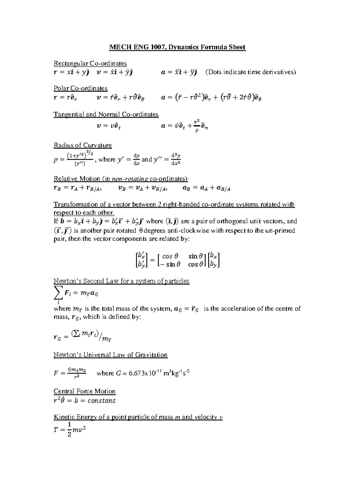 Formula sheet 23 - MECH ENG 1007, Dynamics Formula Sheet Rectangular Co ...