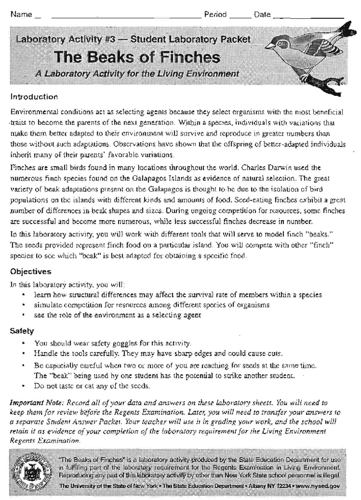 Beaks State Lab - Name Period Laboratory AGtiVitV#3 —— Student Laboratory Packet The Beaks of ...