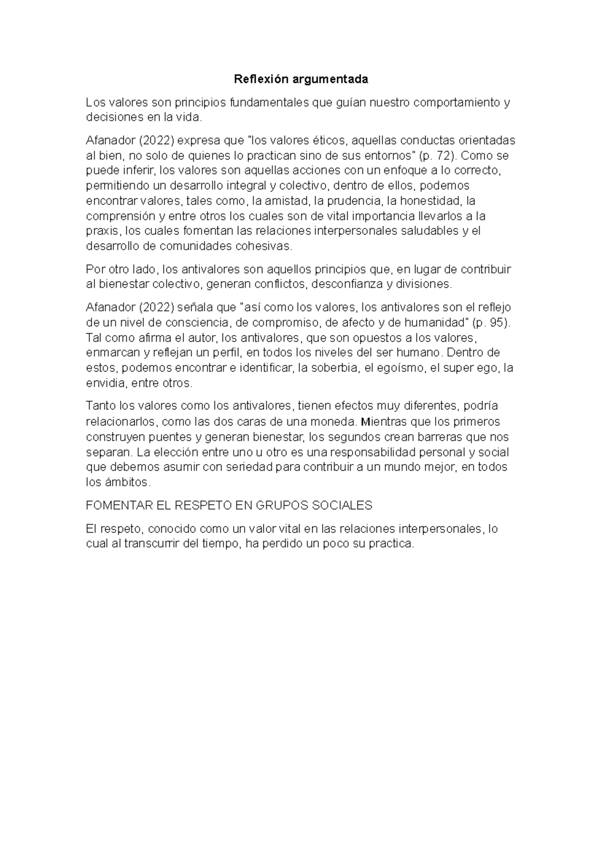 Reflexión argumentada - Reflexión argumentada Los valores son ...