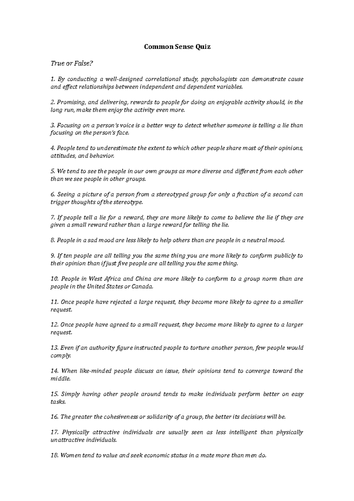 Common Sense Quiz - ................ - Common Sense Quiz True or False ...