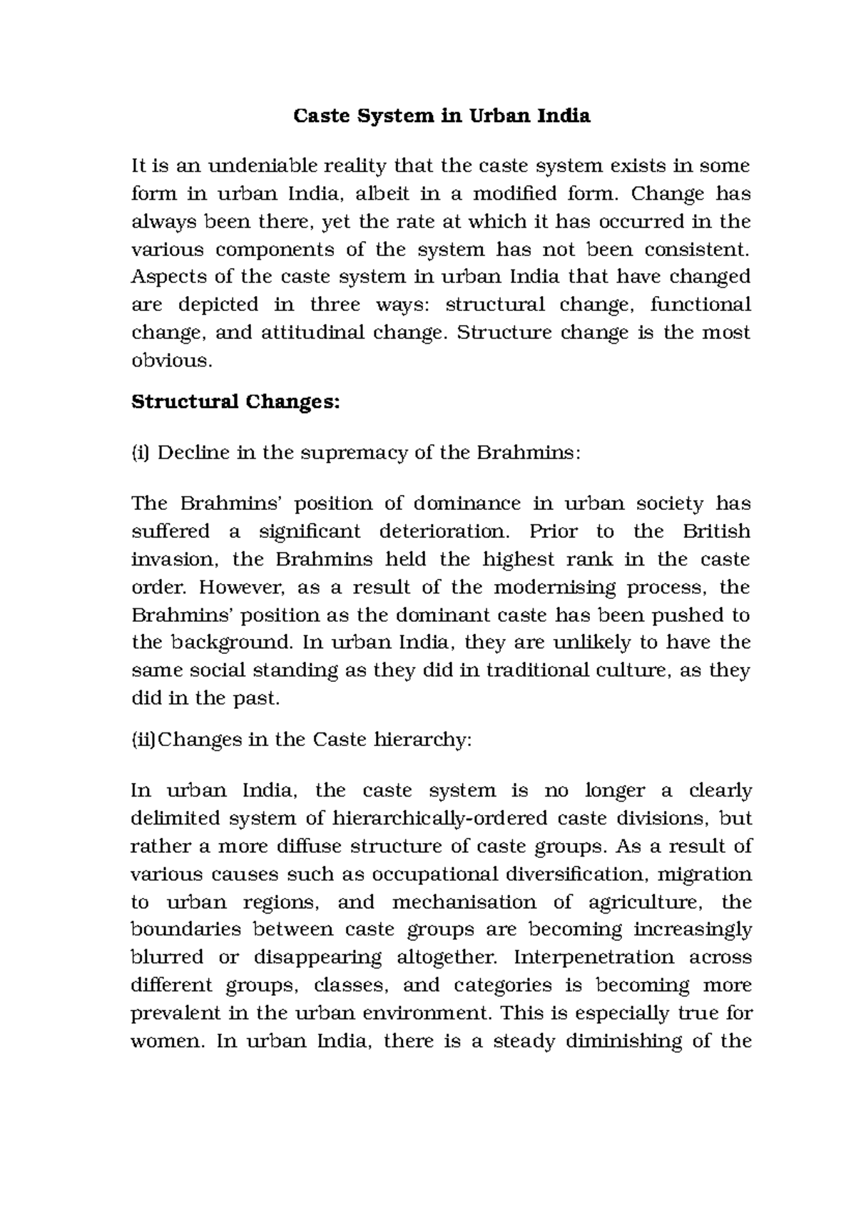 Caste System in Urban India - Sociology II - Studocu