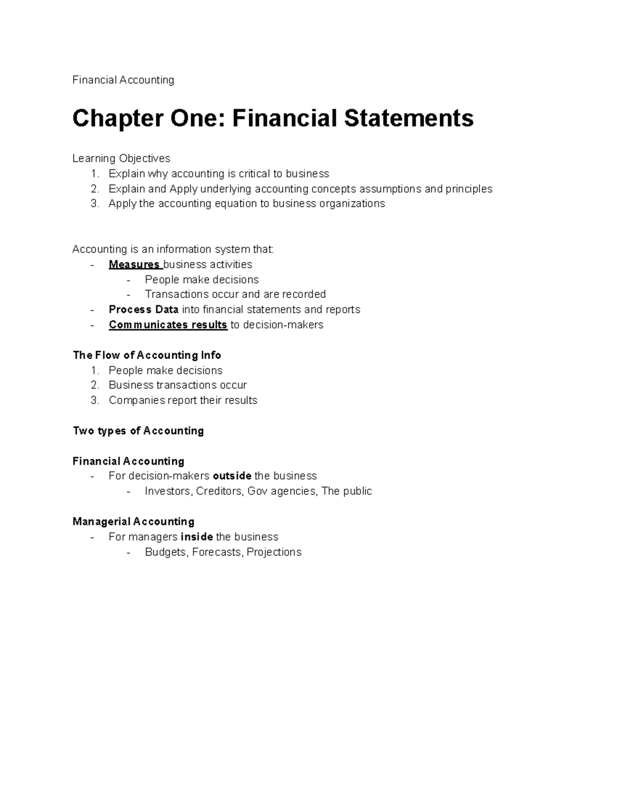 ACC 151 notes - Monforte - Financial Accounting Chapter One: Financial ...