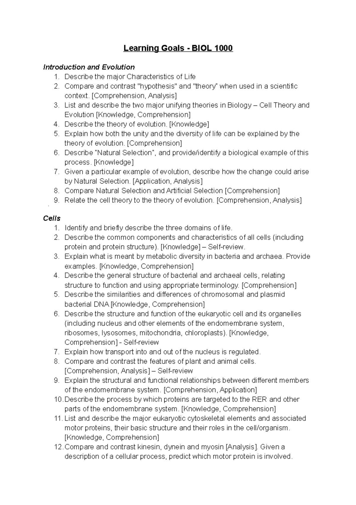 Learning Goals - BIOL 1000 - Learning Goals - BIOL 1000 Introduction ...
