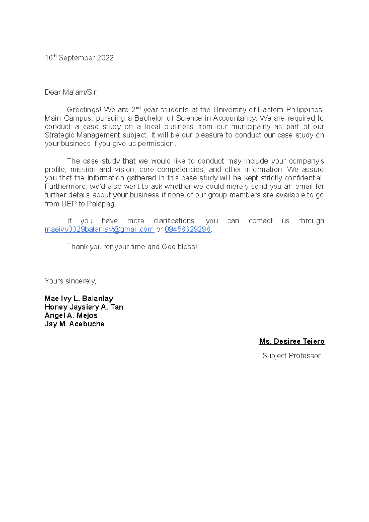 Request-letter - Request letter - 16 th September 2022 Dear Ma’am/Sir ...