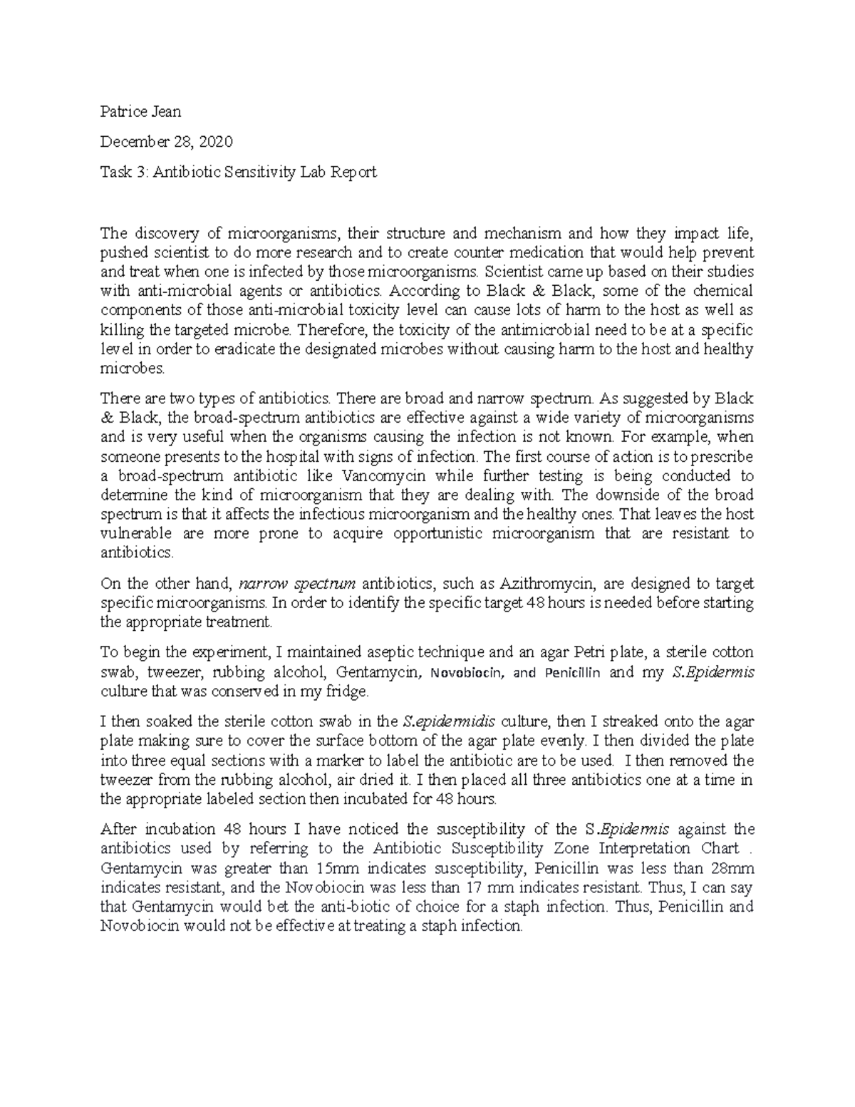 task3 Jan2021 antibiotic sensitivity lap report - Patrice Jean December ...