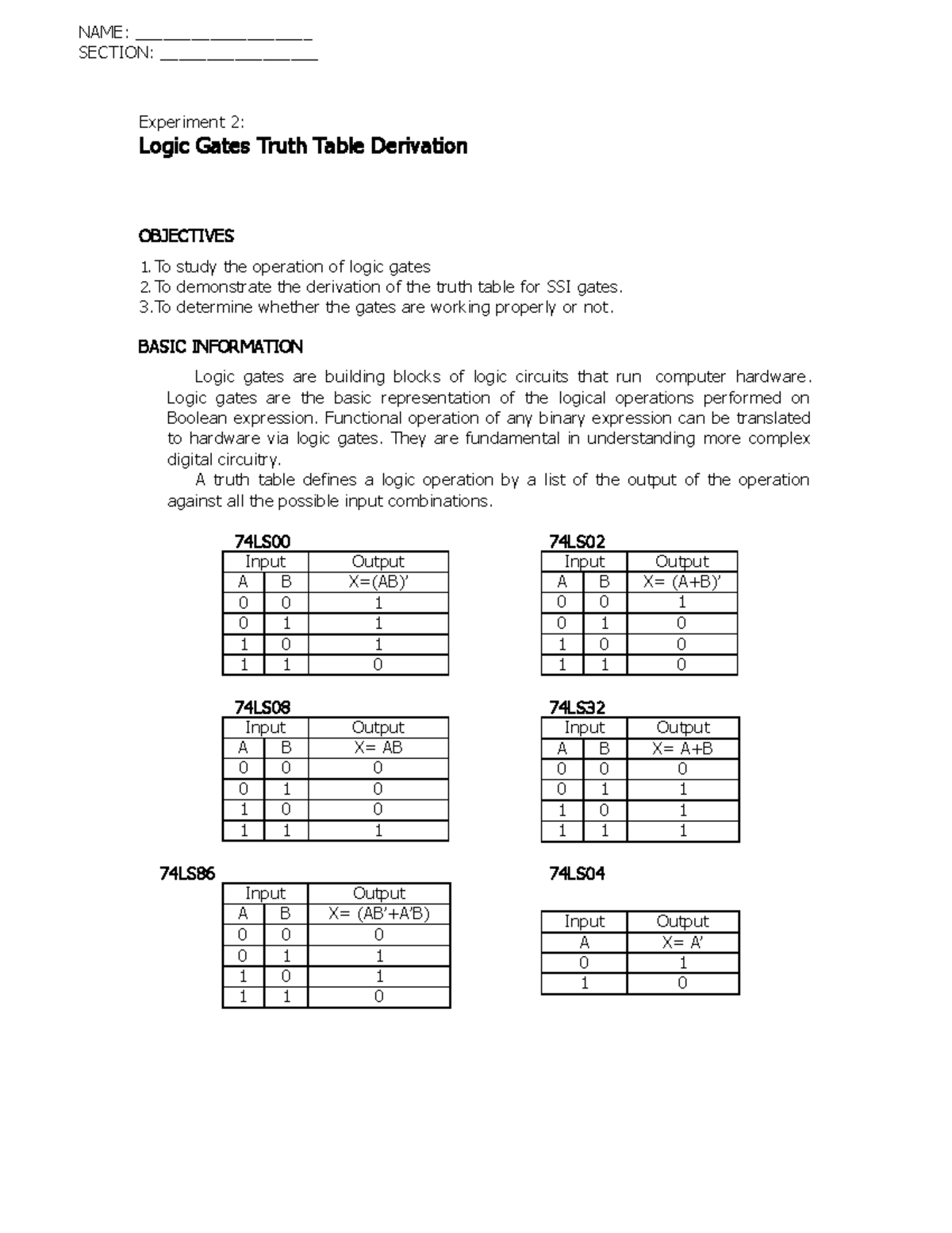 Experiment 2 - N/A - SECTION: _________________ Experiment 2: Logic ...