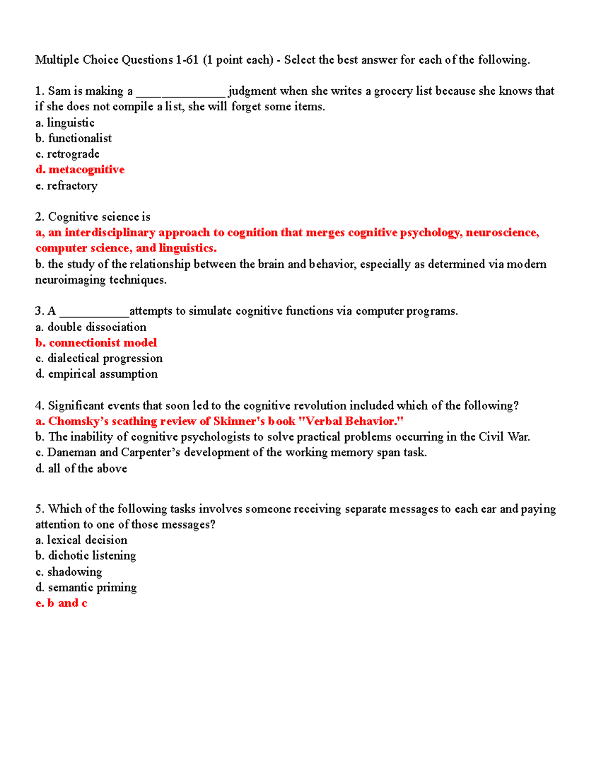 Psyc 102 Exam 3 practice key - Multiple Choice Questions 1-61 (1 point ...