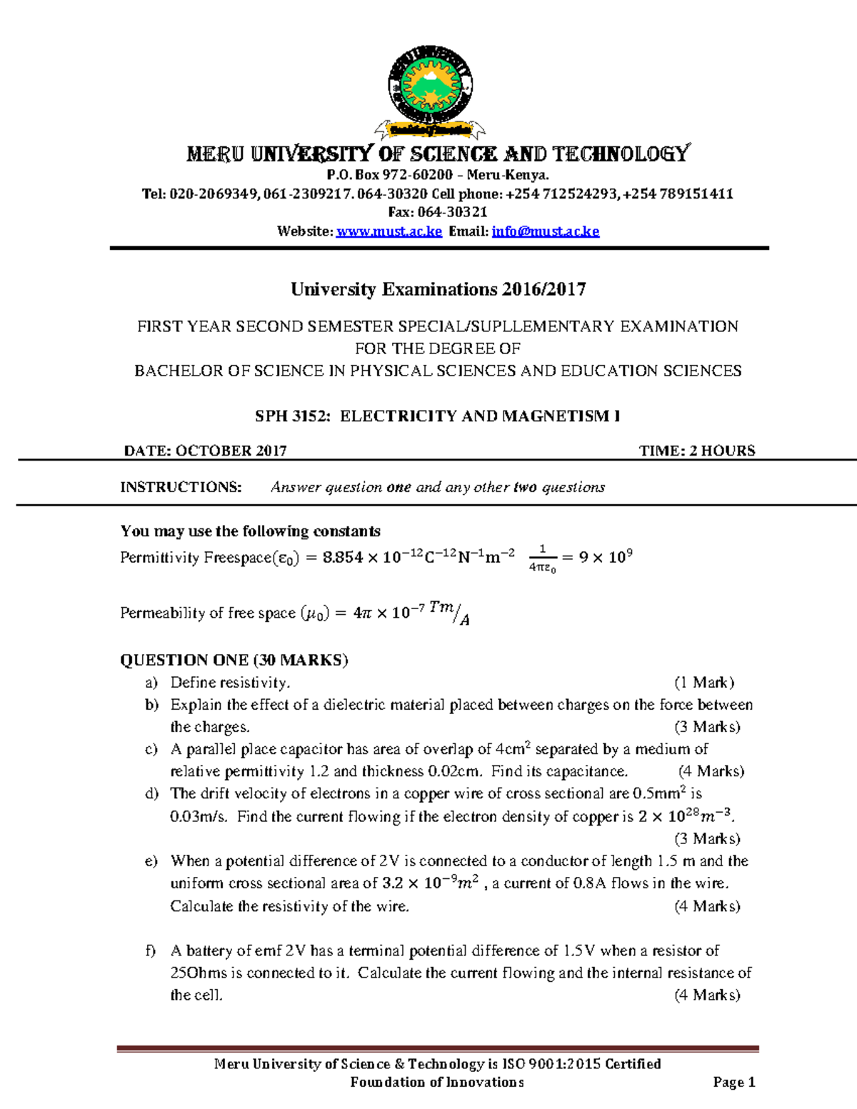 SPH 3152 Electricity AND Magnetism - Meru University of Science ...