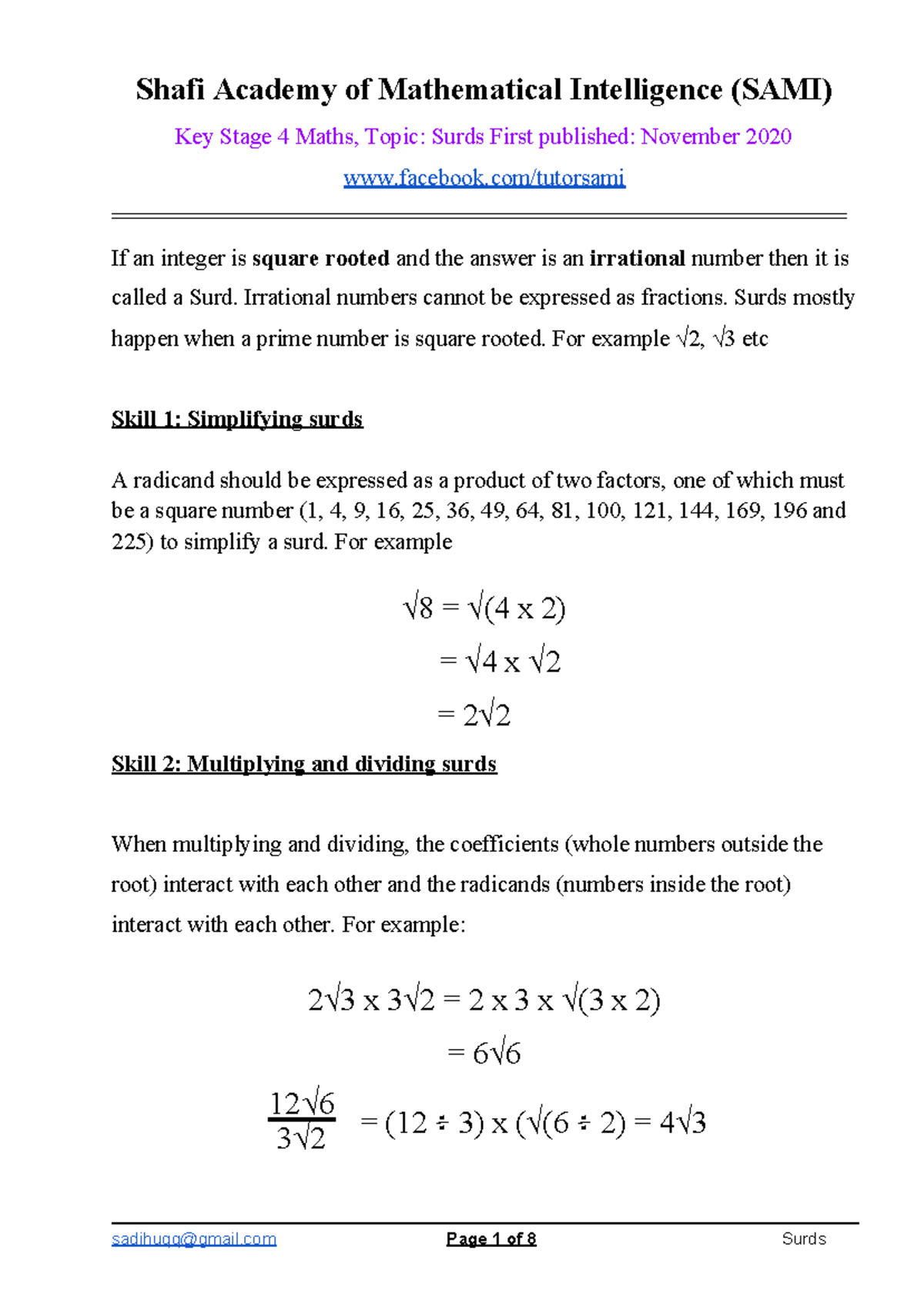 Surds booklet for basic surd principles - Shafi Academy of Mathematical ...