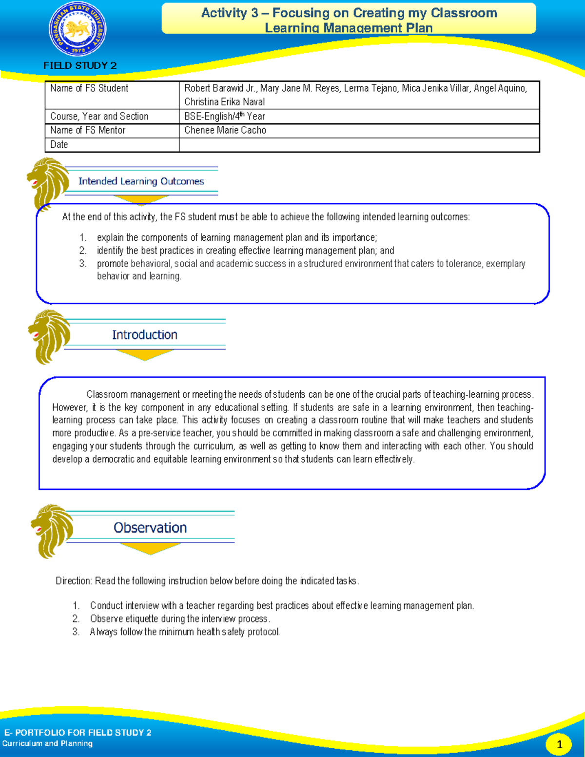 FS 2 Activity 3 - Learning Management Plan FIELD STUDY 2 E- PORTFOLIO FOR FIELD STUDY 2 Name of ...