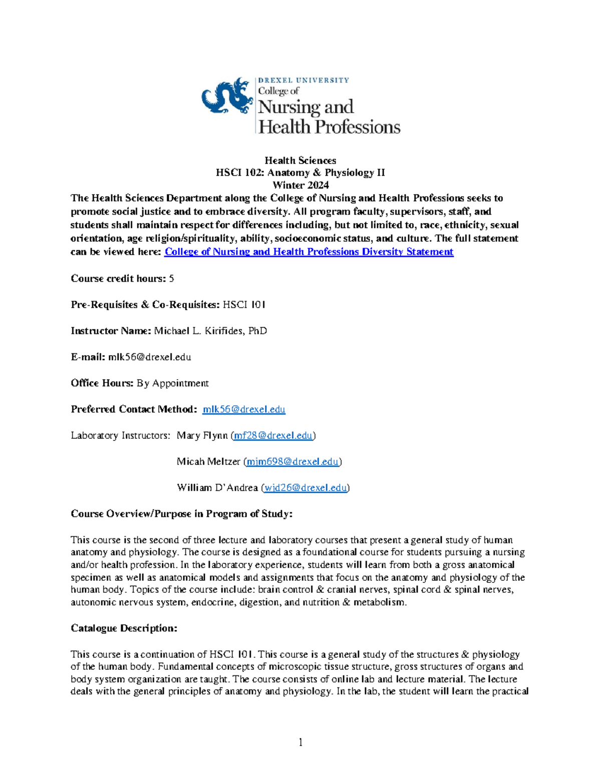 HSCI 102 Syllabus - Health Sciences HSCI 102: Anatomy & Physiology II ...