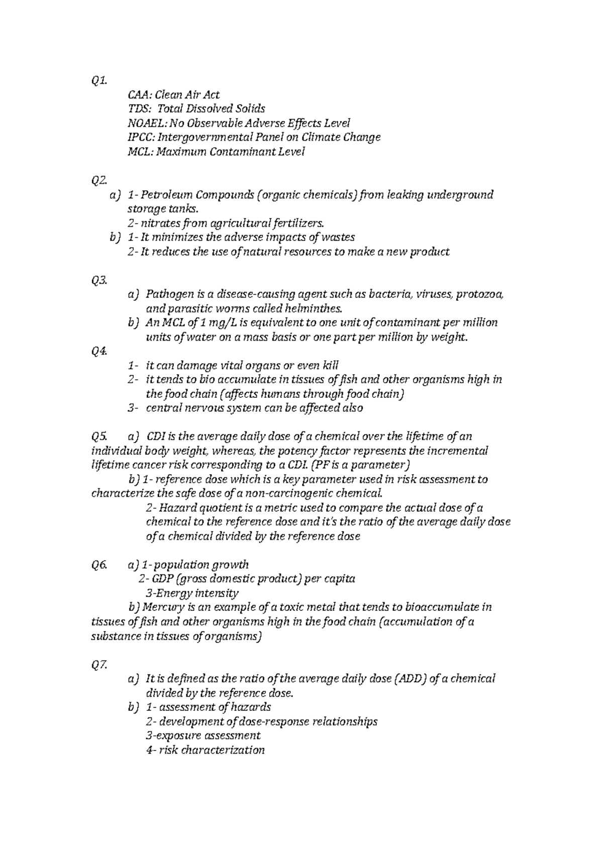 Final exam 11 June 2016, answers - Q1. CAA: Clean Air Act TDS: Total ...