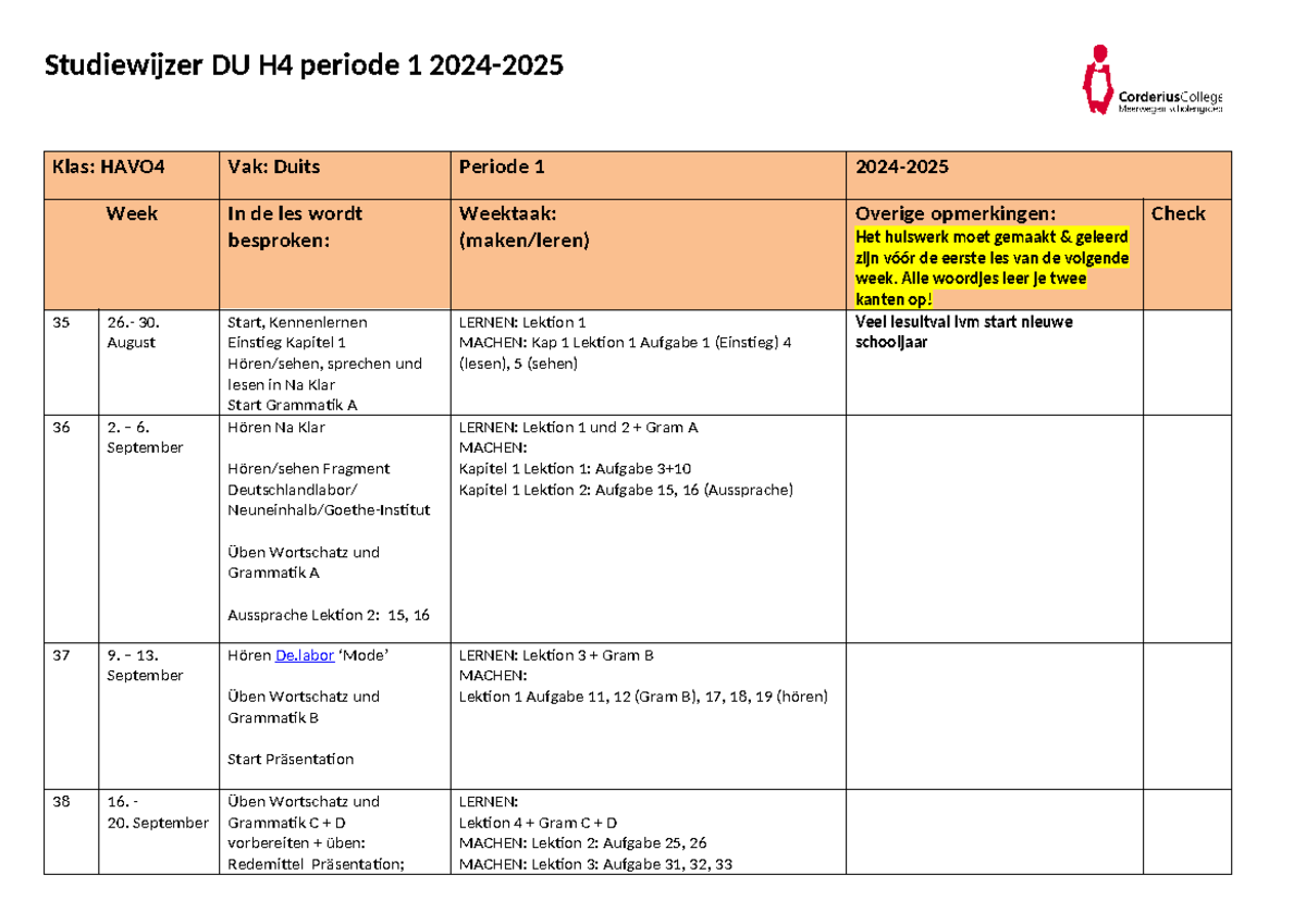 DU H4 2024-2025 periode 1 - Studiewijzer DU H4 periode 1 2024- Klas ...