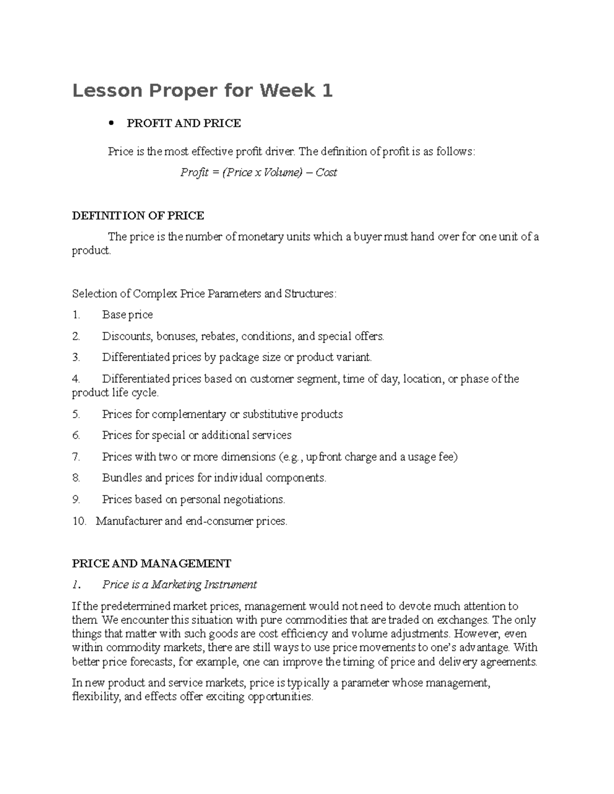 Pricing - wowowowo - Lesson Proper for Week 1 PROFIT AND PRICE Price is ...
