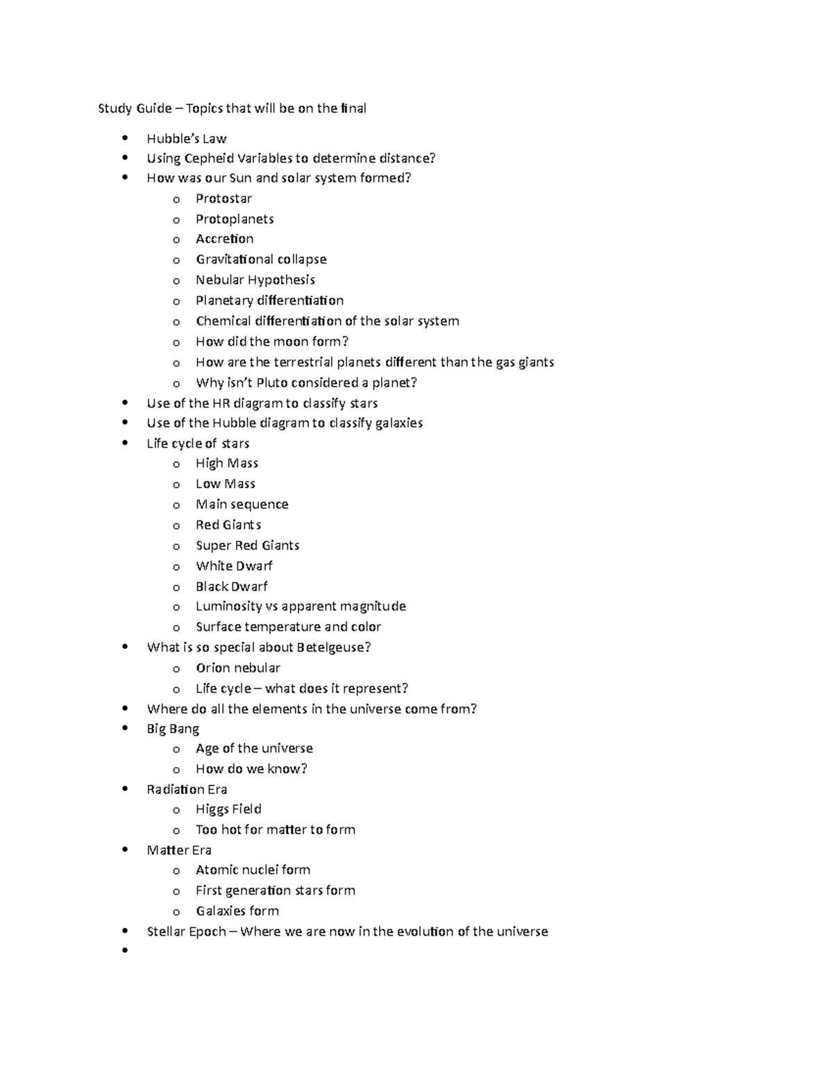 Astronomy Final - Study Guide - Study Guide – Topics that will be on ...