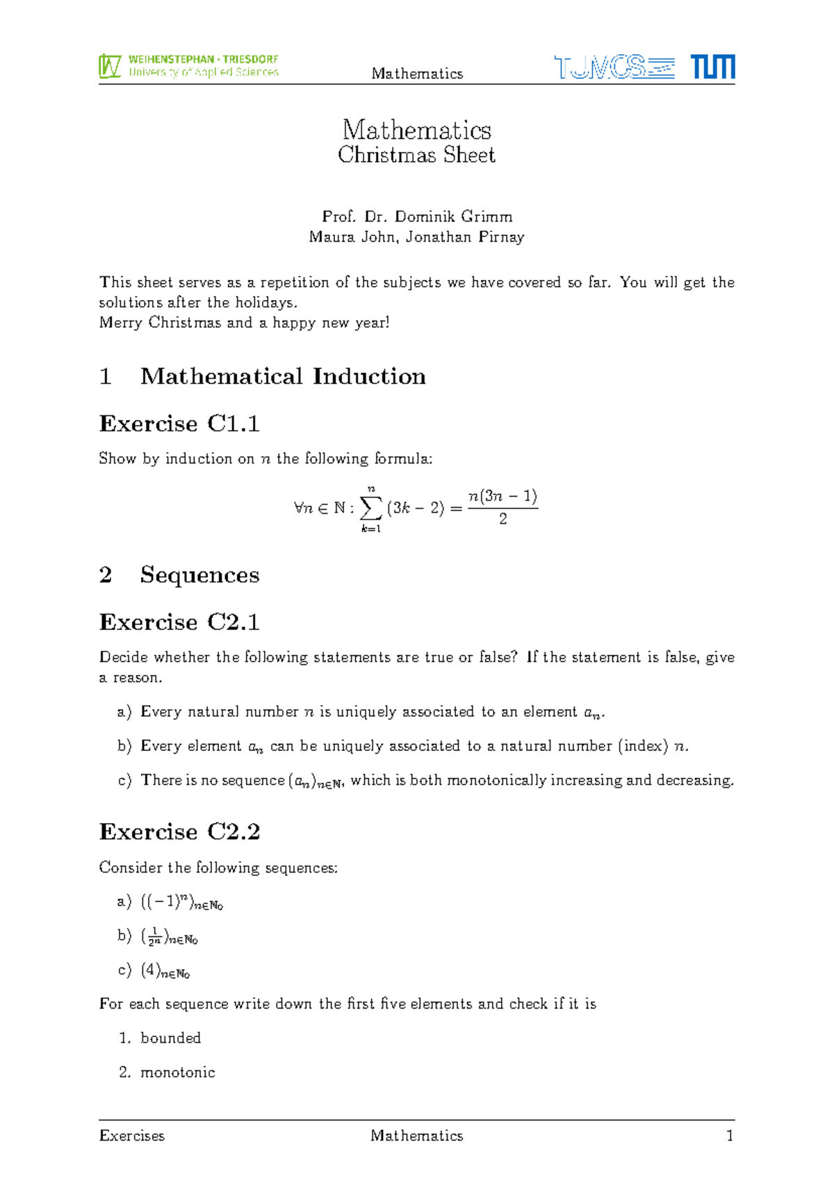 Christmas Sheet - Some useful exercices - Mathematics Christmas Sheet ...