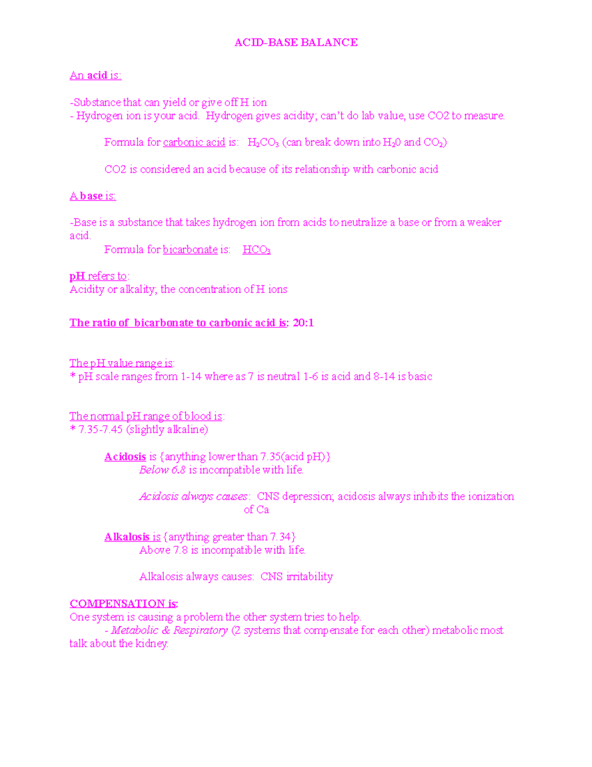 Acid Base Outline - course notes - ACID-BASE BALANCE An acid is ...