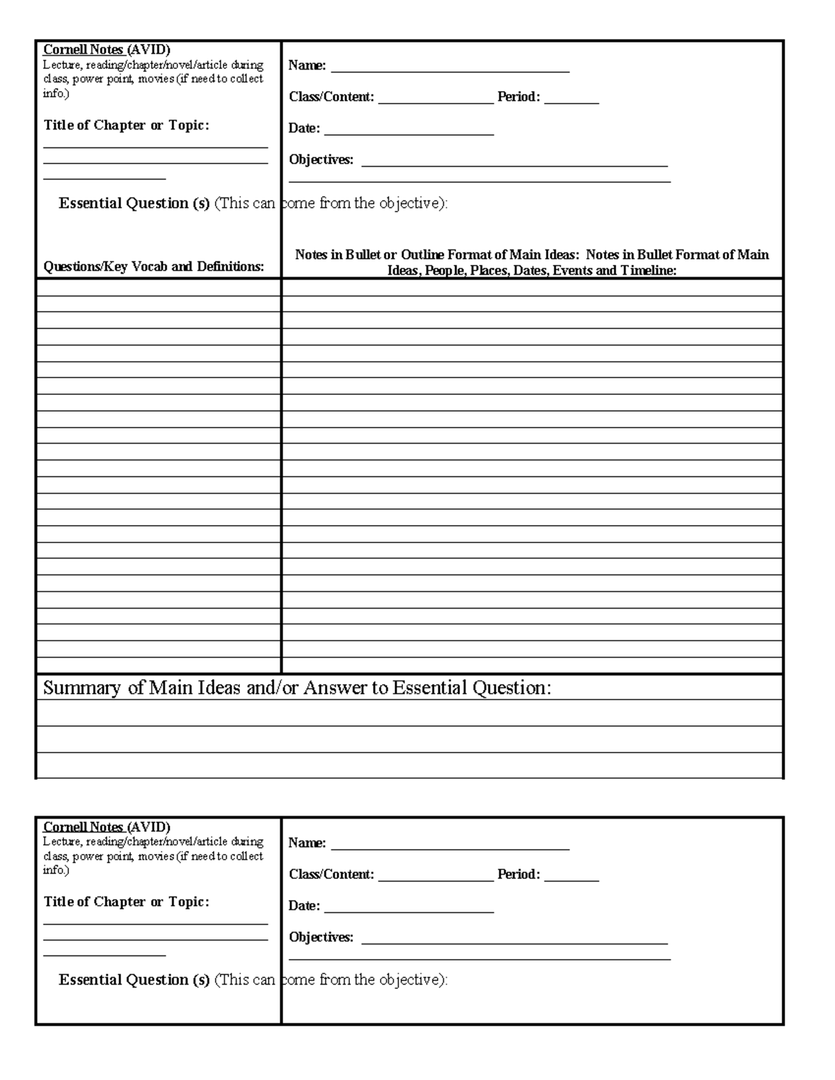 Cornell Notes Template 2 - Cornell Notes (AVID) Lecture, reading ...