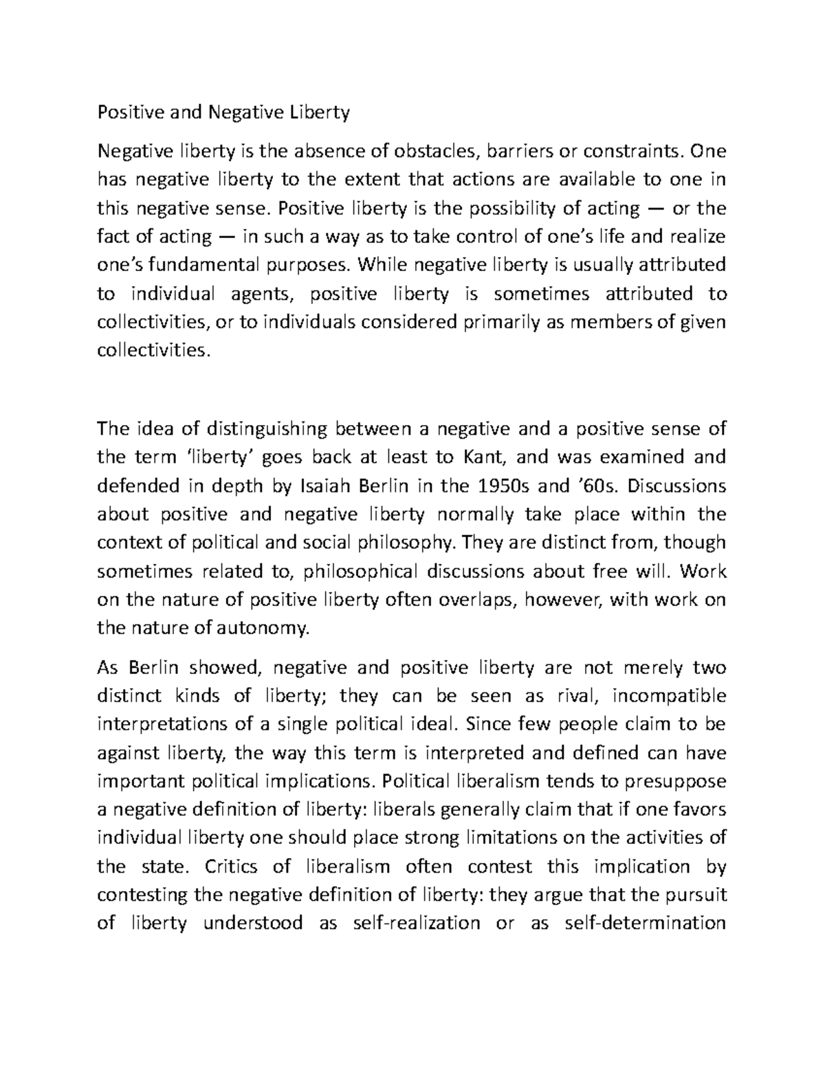 Positive and Negative Liberty - Positive and Negative Liberty Negative ...