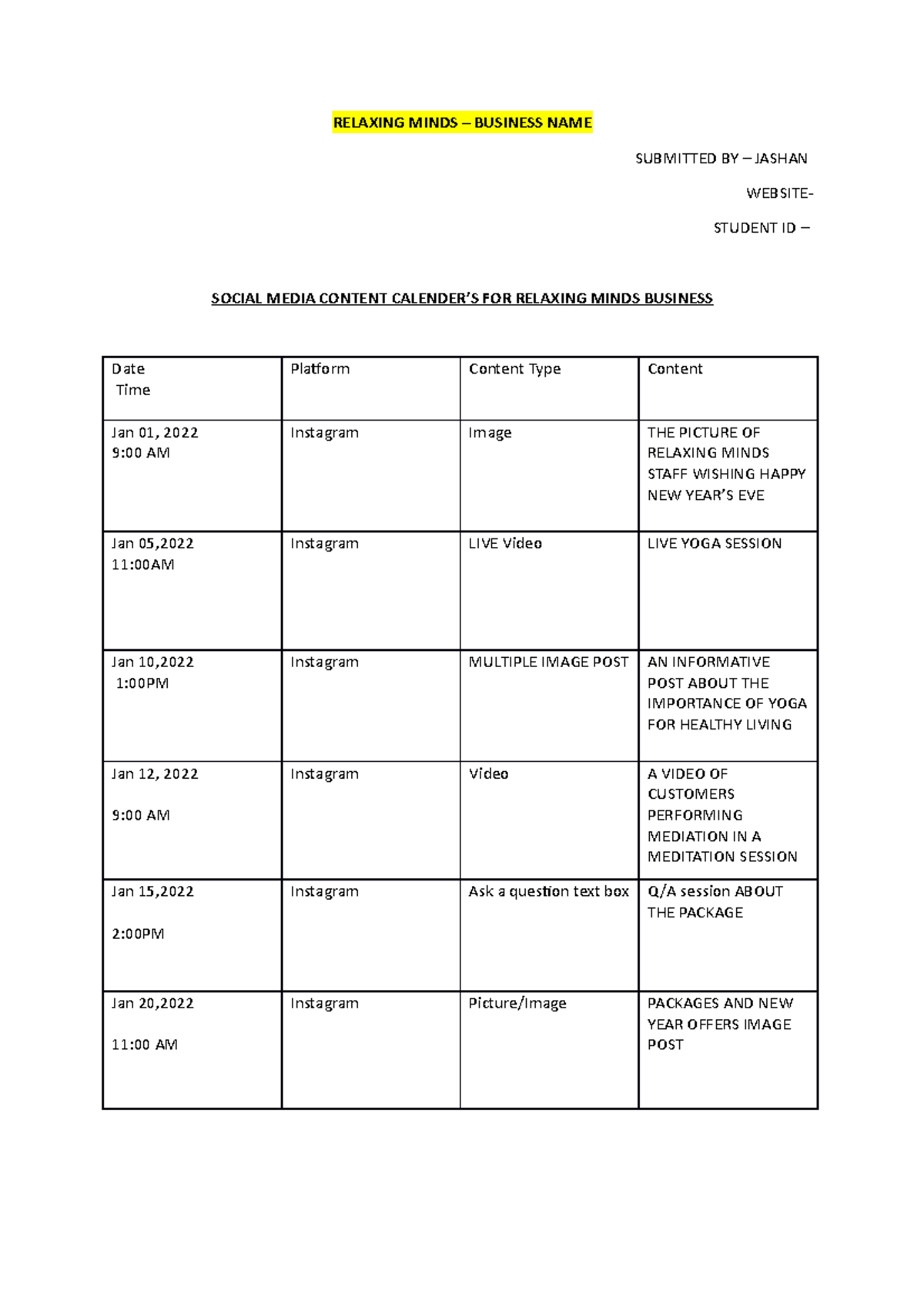 Relaxing Minds document for word - RELAXING MINDS – BUSINESS NAME ...