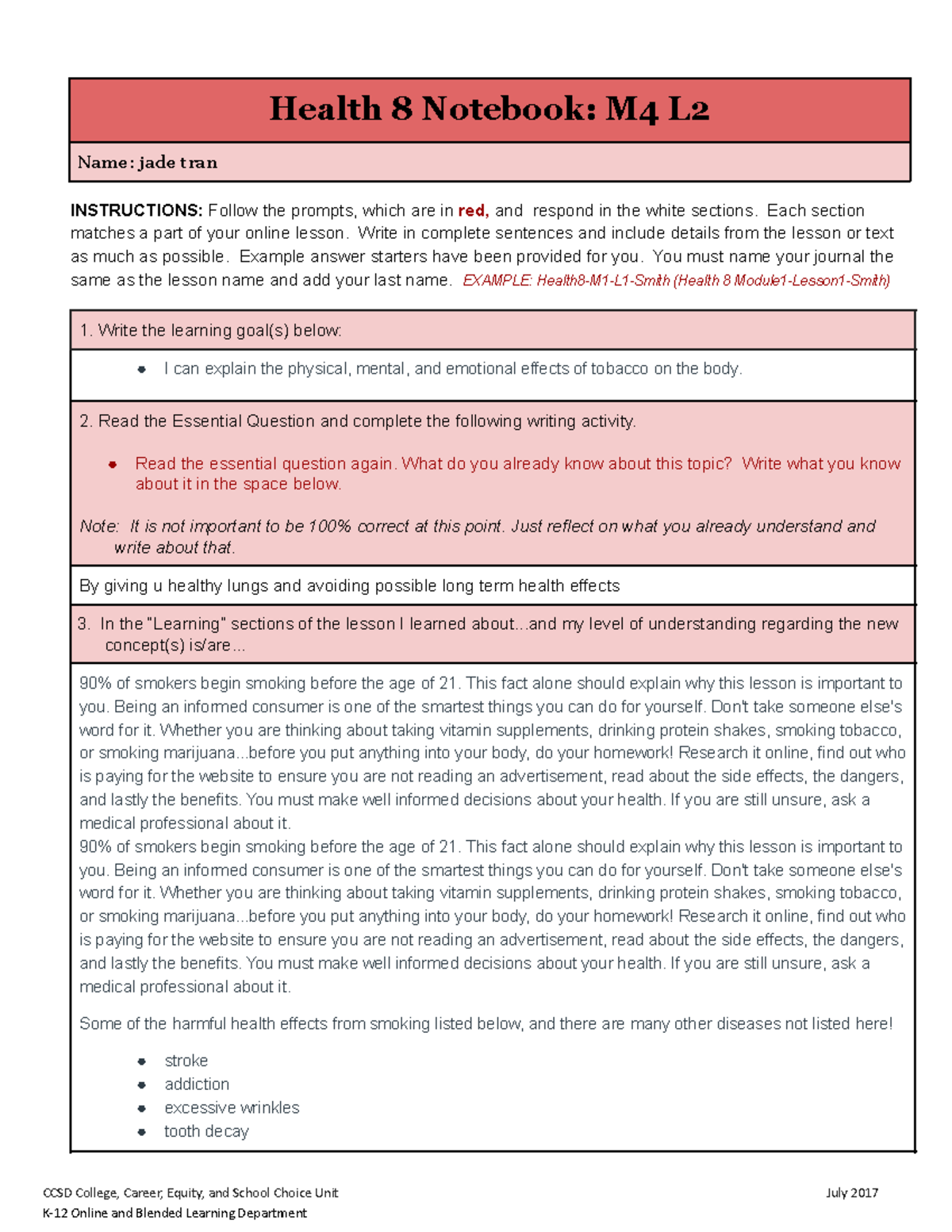 Health 8 - M4 L2 - Health Notebook - Health 8 Notebook: M4 L Name: jade tran INSTRUCTIONS ...
