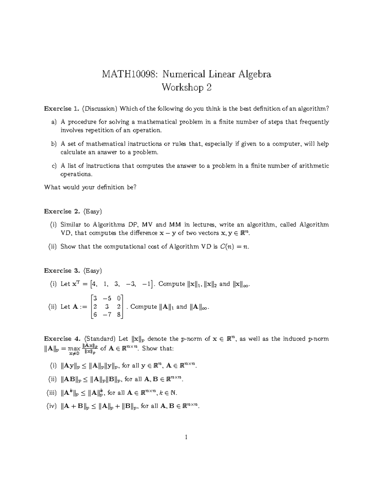 Workshop 2 copy - MATH10098: Numerical Linear Algebra Workshop 2 ...