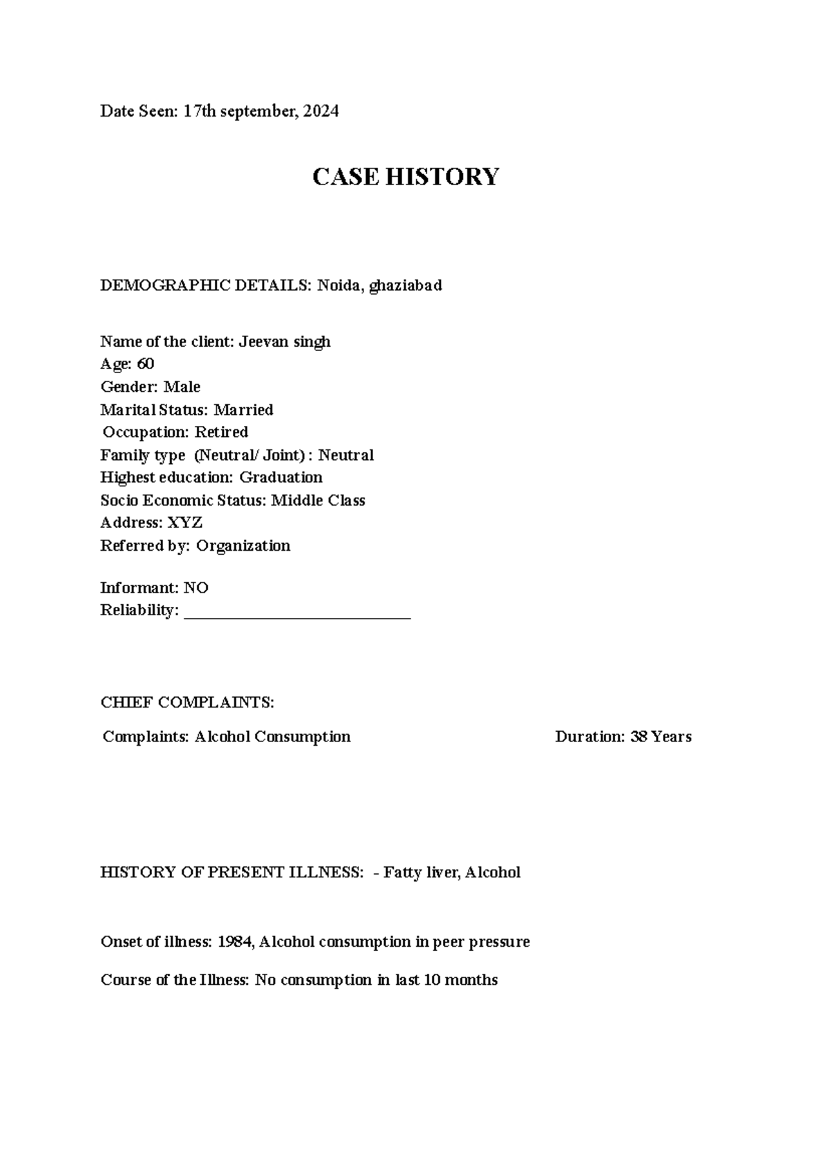 CASE History+MSE WAU - CASE History+MSE - Date Seen: 17th september ...