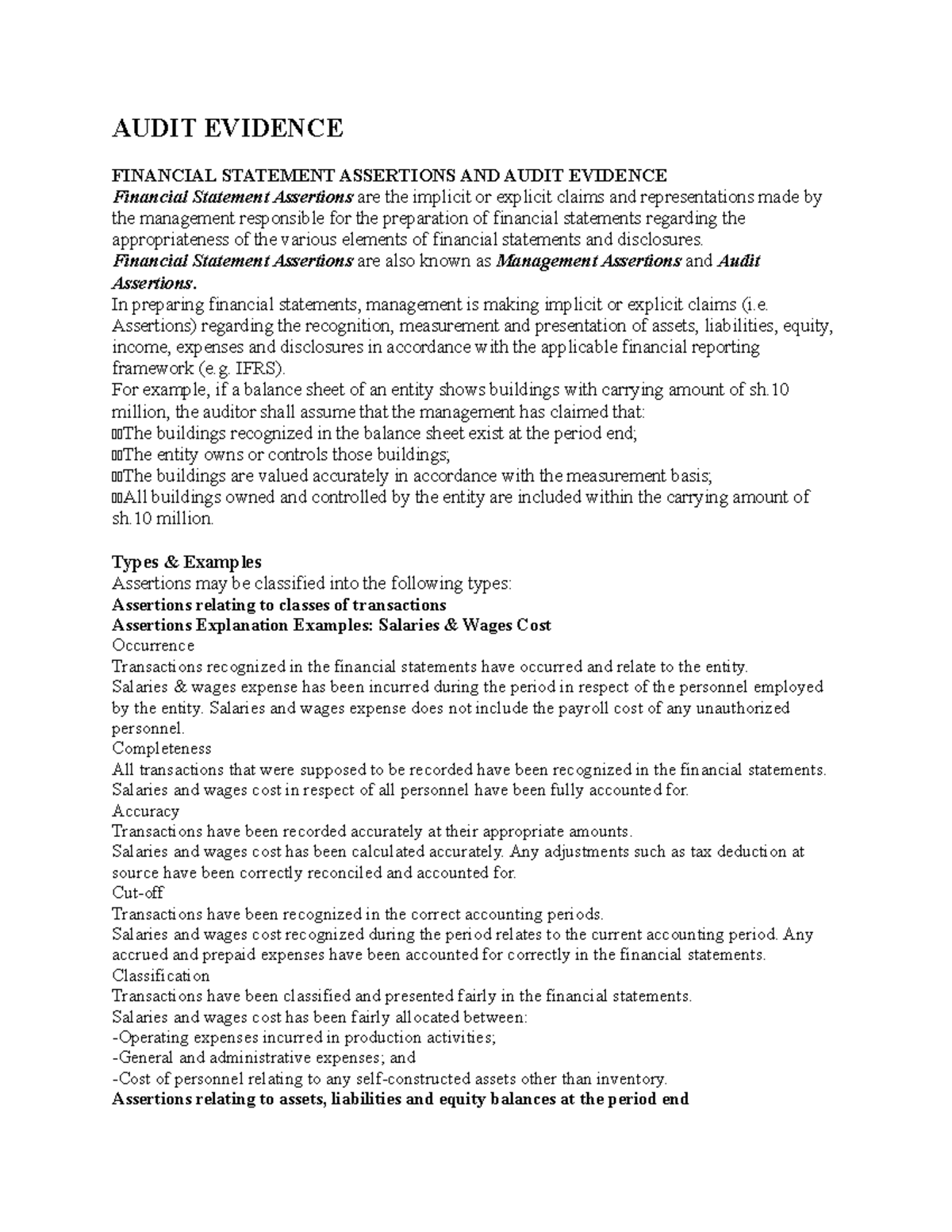 Audit Evidence - AUDIT EVIDENCE FINANCIAL STATEMENT ASSERTIONS AND ...