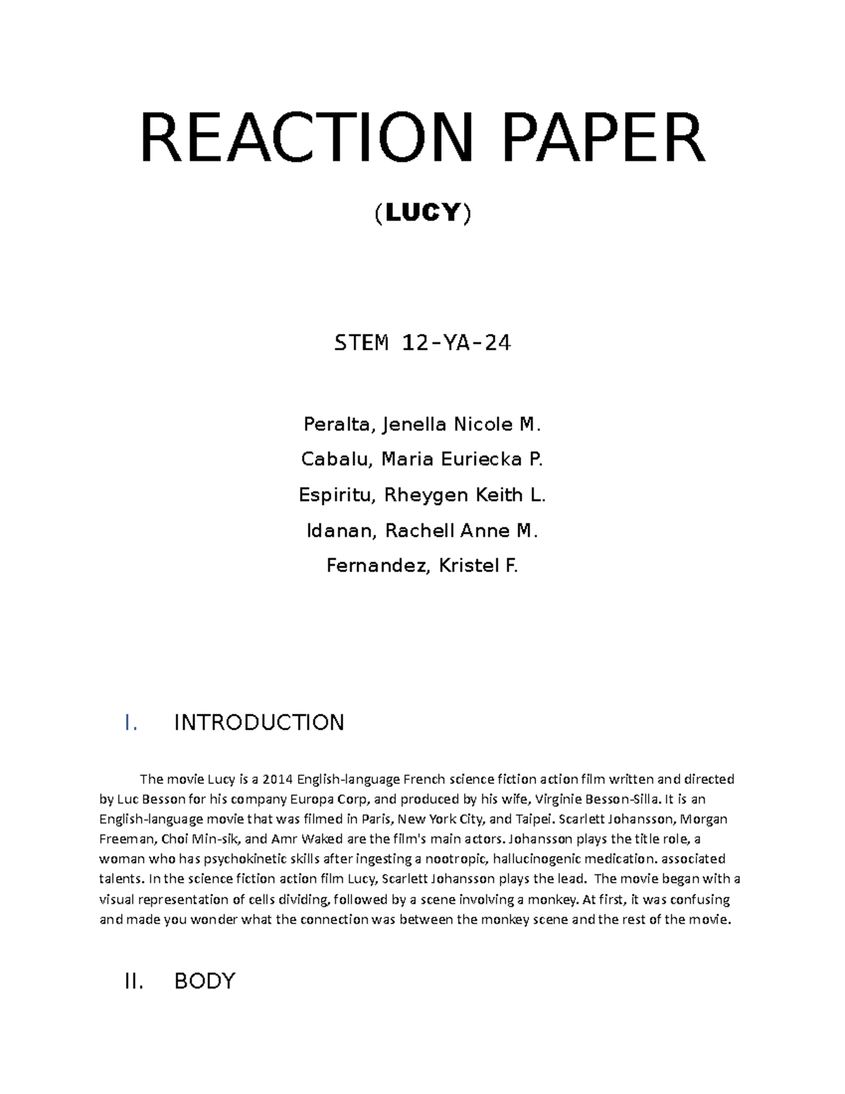 Reaction Paper - REACTION PAPER (LUCY) STEM 12-YA- Peralta, Jenella ...