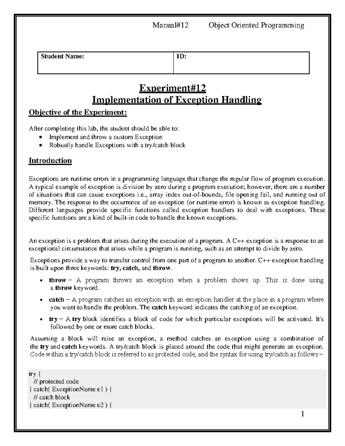 Lab 12 - Lab Manual - Student Name: ID: Experiment#1 2 Implementation of Exception Handling ...