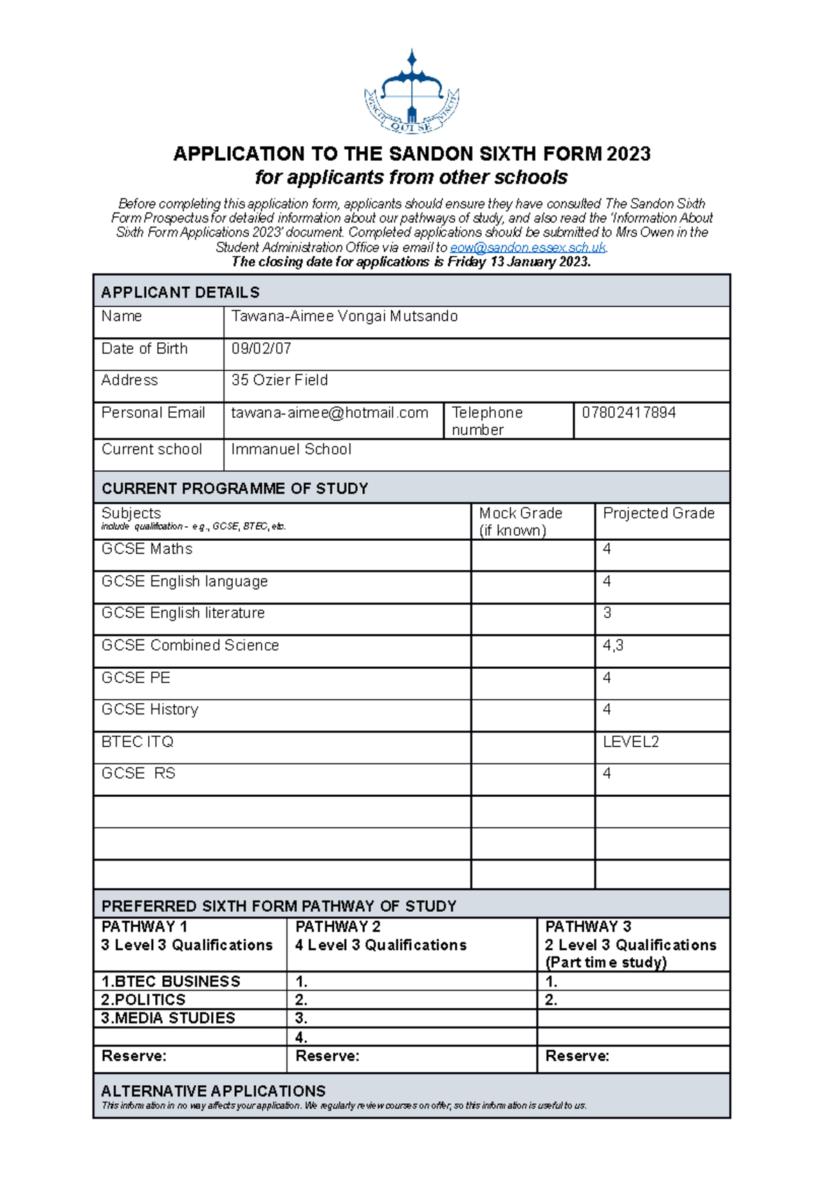 2023 Application FORM FOR External Candidates 3 - APPLICATION TO THE ...