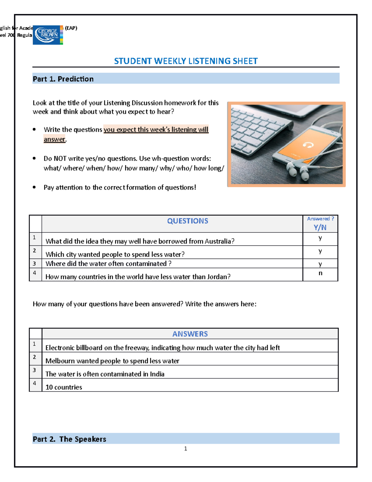 Listening Sheet 2 - STUDENT WEEKLY LISTENING SHEET Part 1. Prediction ...