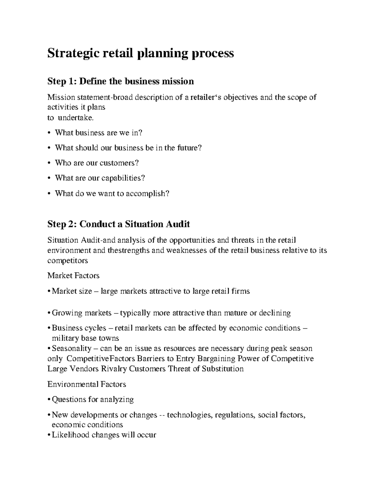 Strategic retail planning process - • What business are we in? • What ...