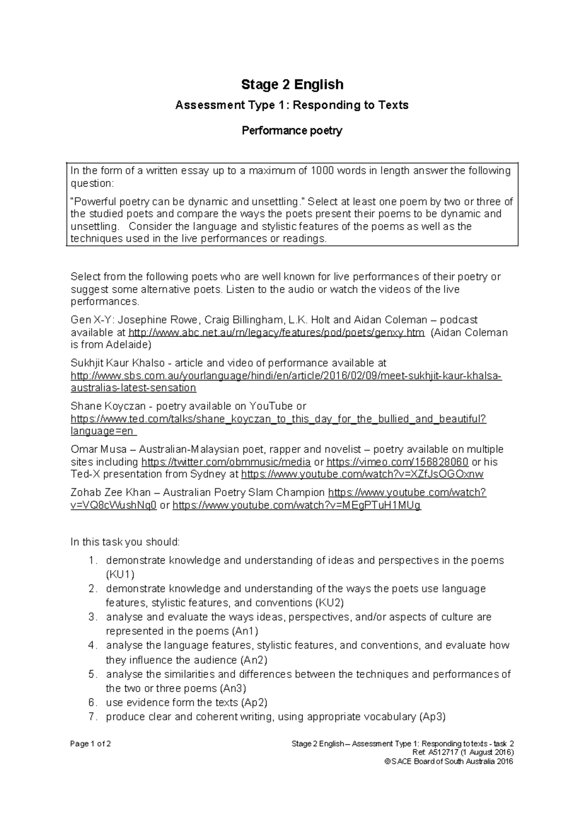Task 02 - A Grade - Stage 2 English Assessment Type 1: Responding to ...