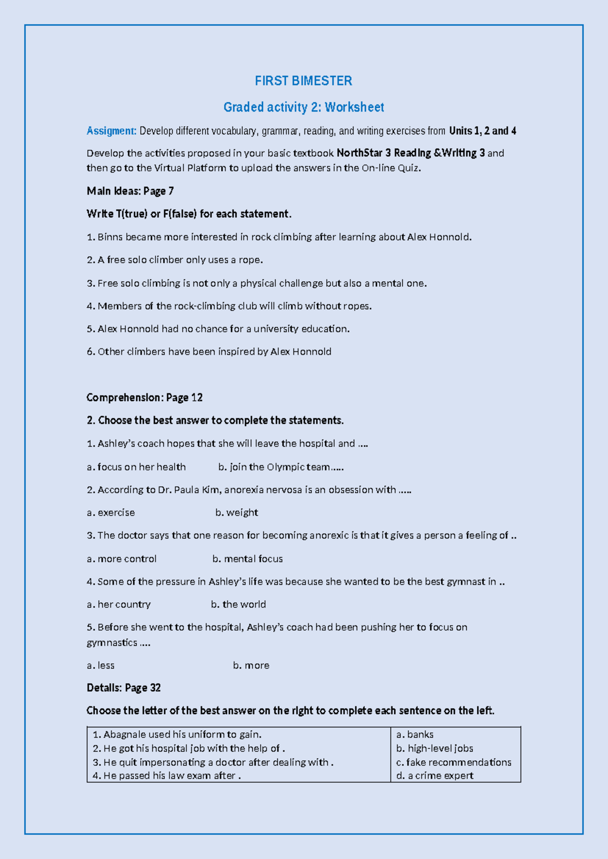Worksheet Unit S 1 2 and 4 - FIRST BIMESTER Graded activity 2: Worksheet Assigment: Develop ...