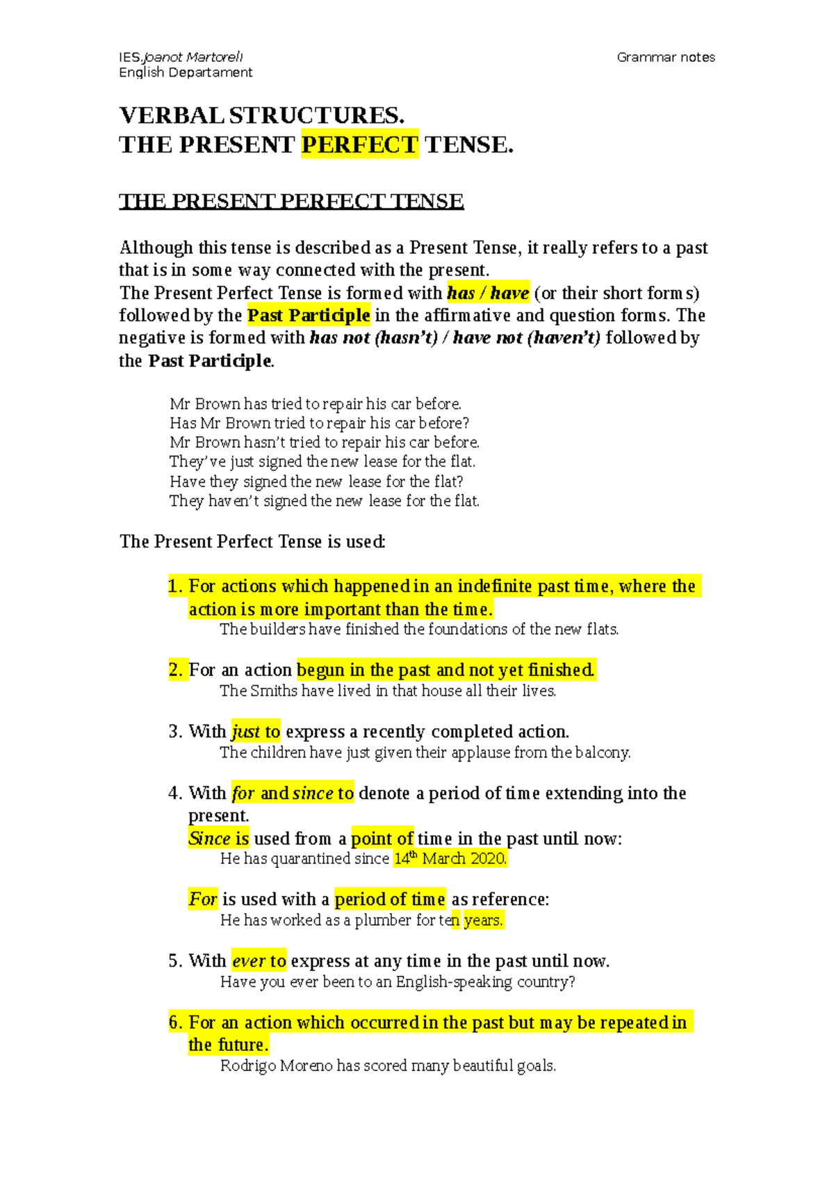 THE Present Perfect - IES. Joanot Martorell Grammar notes English ...