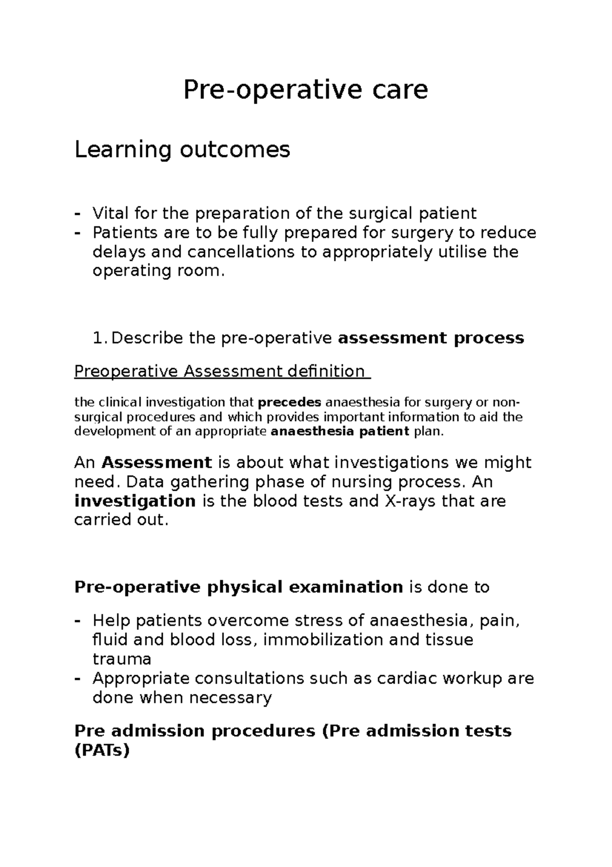 Topic 1- Pre-operative Care - Pre-operative care Learning outcomes ...
