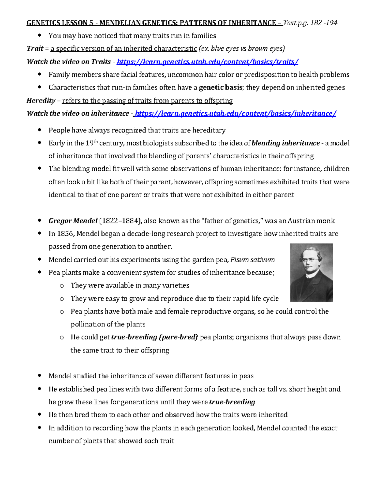 Genetics Lesson 5 - Mendellian Genetics - Patterns of Inheritence - Copy - GENETICS LESSON 5 ...