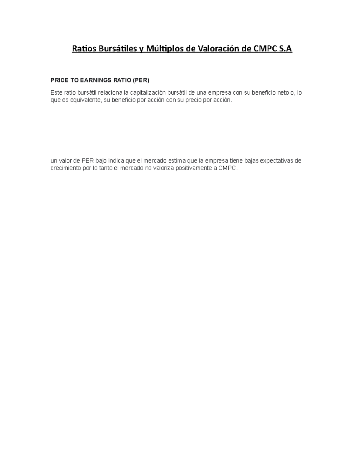 Ratios Bursátiles y Múltiplos de Valoración de CMPC S - Ratios ...