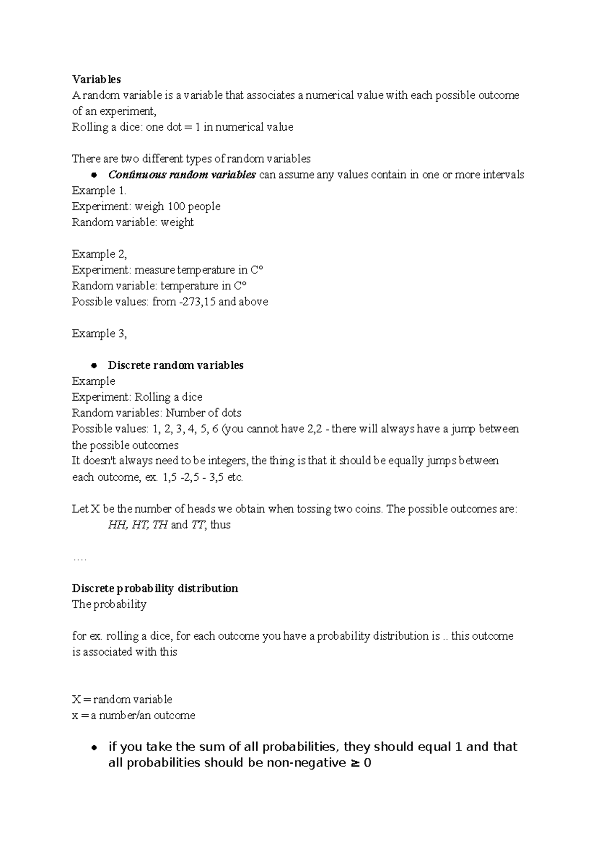 Lecture 3 - Anteckningar från lektion - Variables A random variable is a variable that ...