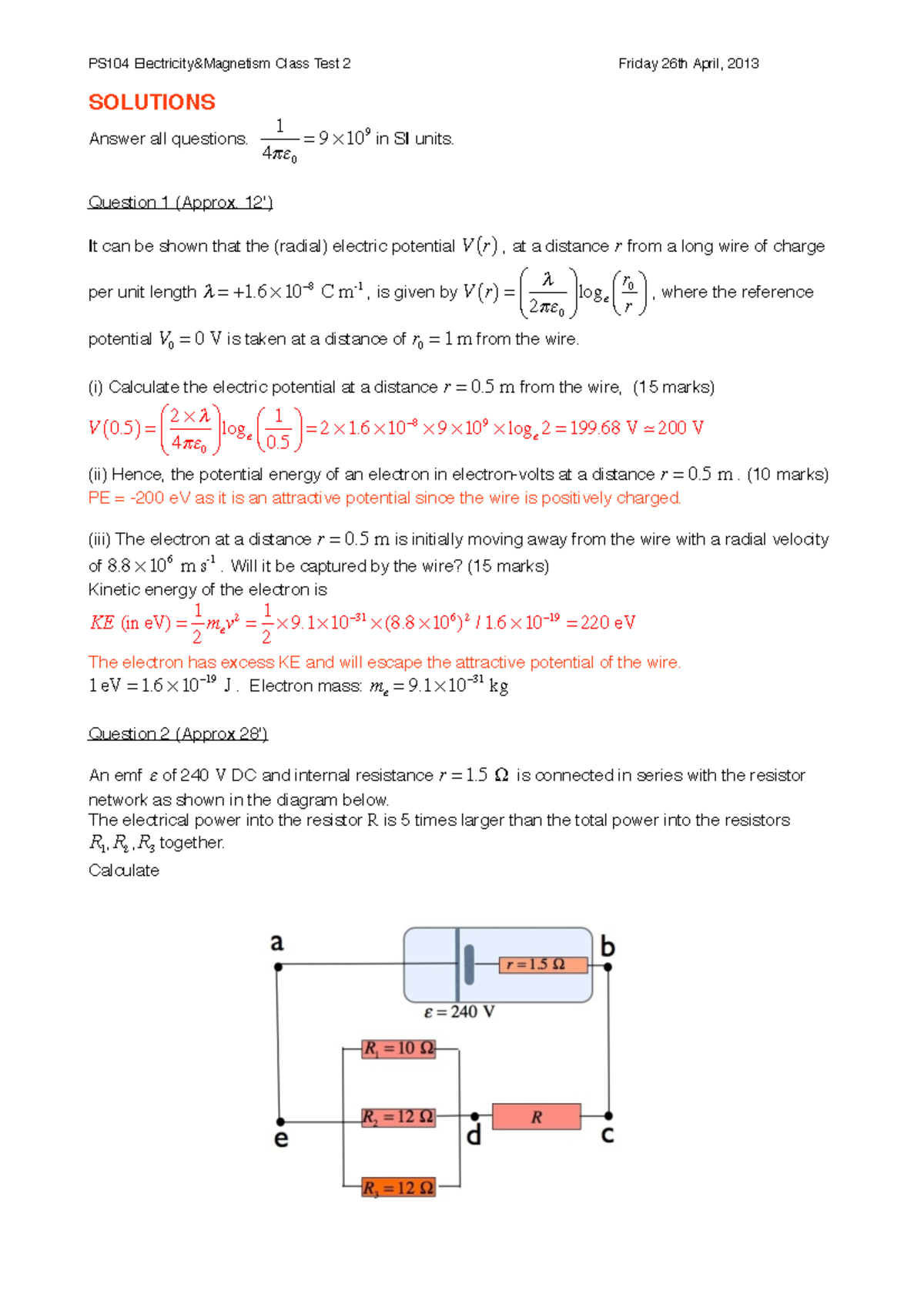 Electricity & Magnetism Continuous Assessment Exam 2 2017 - PS104 ...