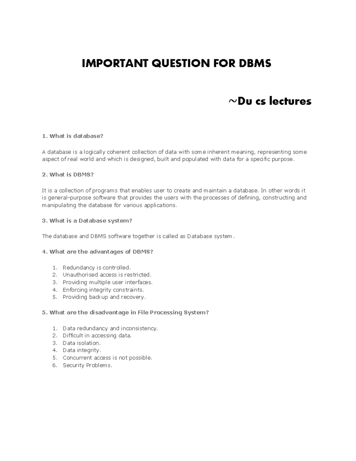 DBMS Short Notes Pdf IMPORTANT QUESTION FOR DBMS Du Cs Lectures What