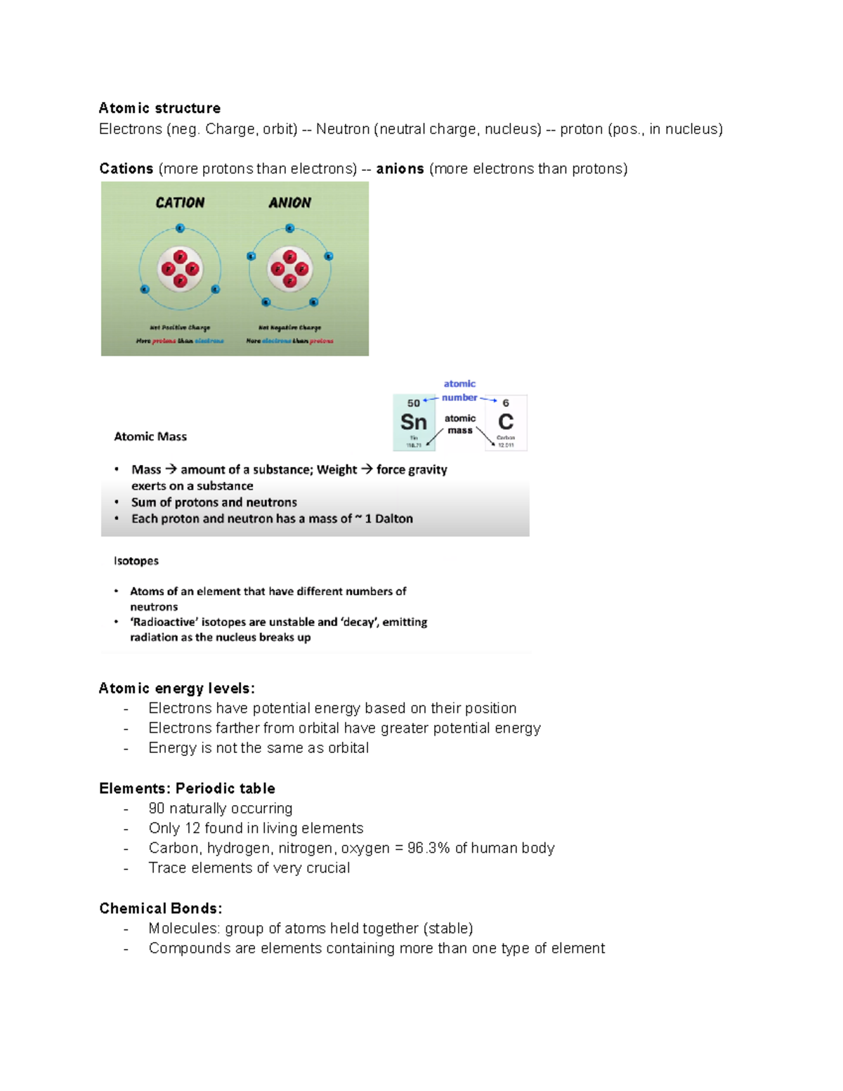 CH2 Biology - Atomic structure Electrons (neg. Charge, orbit) - Neutron ...