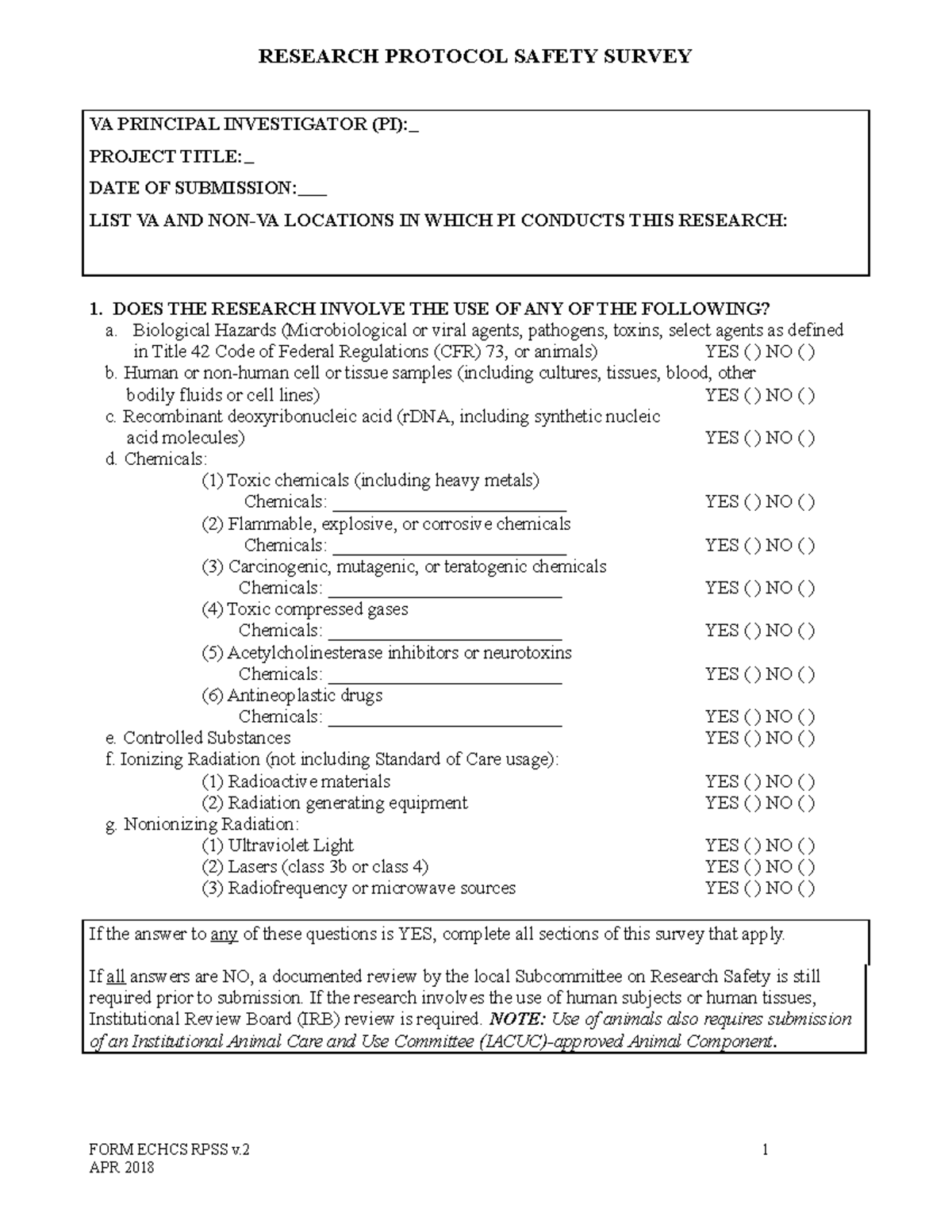 Research Protocol Survey - RESEARCH PROTOCOL SAFETY SURVEY VA PRINCIPAL ...