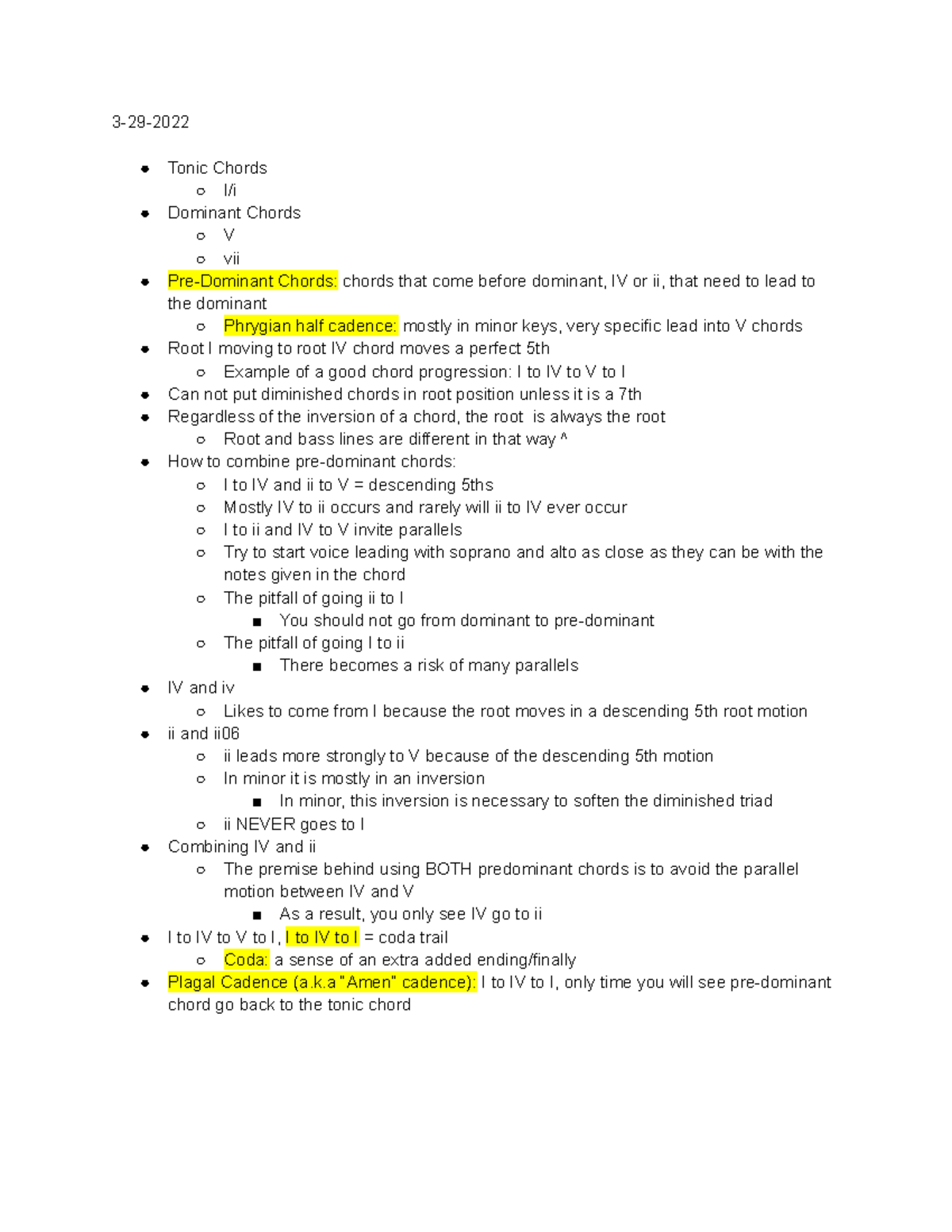 Music Theory Notes Week 1 - 3-29- Tonic Chords I/i Dominant Chords V ...
