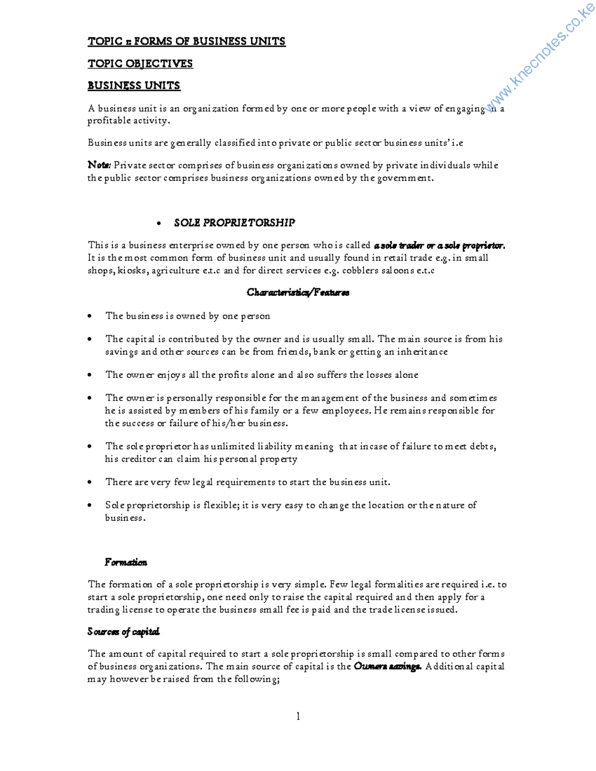 Business Studies F2 Notes - TOPIC 1: FORMS OF BUSINESS UNITS TOPIC ...