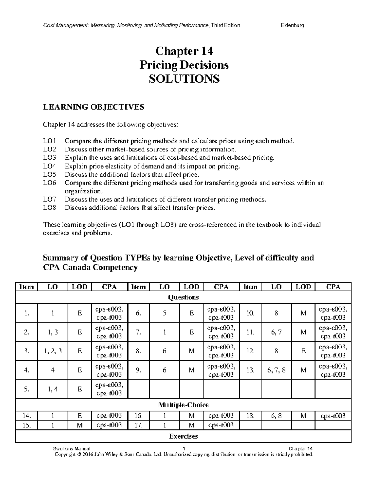 Sm14 - xxx - Solutions Manual 1 Chapter 14 Chapter 14 Pricing Decisions SOLUTIONS LEARNING - Studocu
