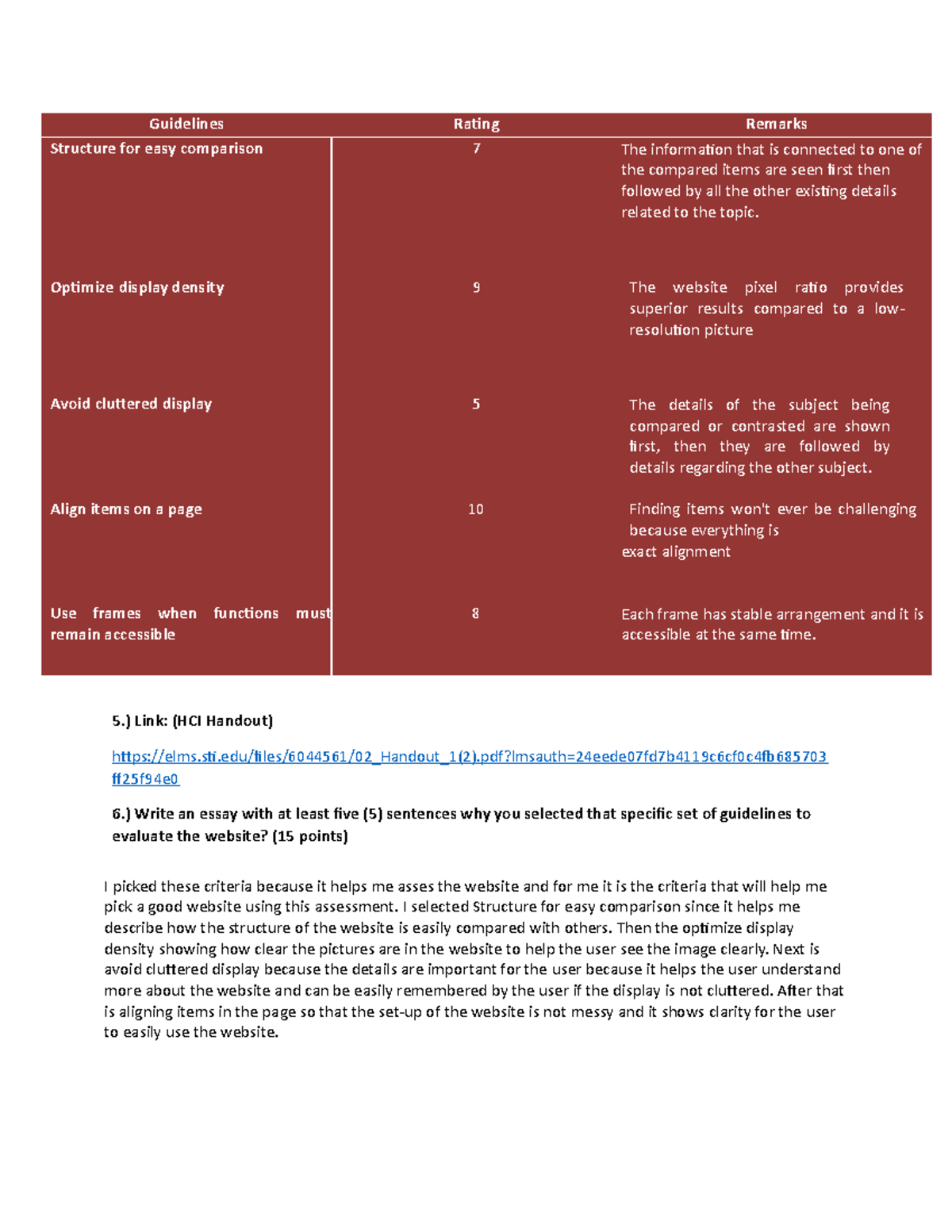 HCI LAB EXE 02 - code - Guidelines Rating Remarks Structure for easy comparison 7 The ...
