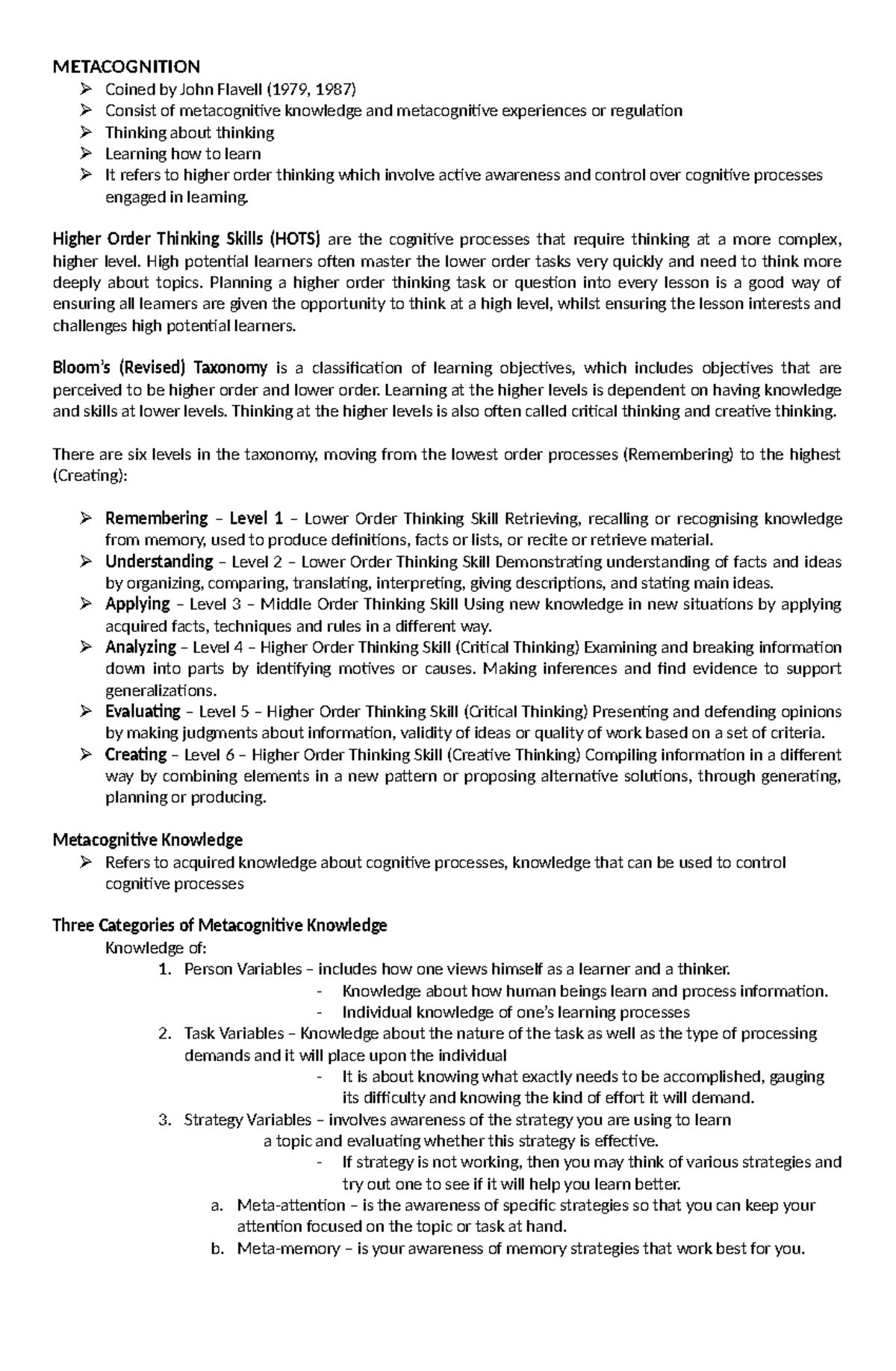 FL-FACT- Sheet - Lecture - METACOGNITION Coined by John Flavell (1979 ...